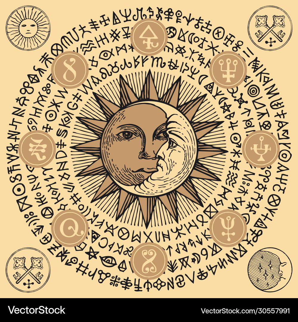 Hand-drawn banner with sun and crescent moon Vector Image