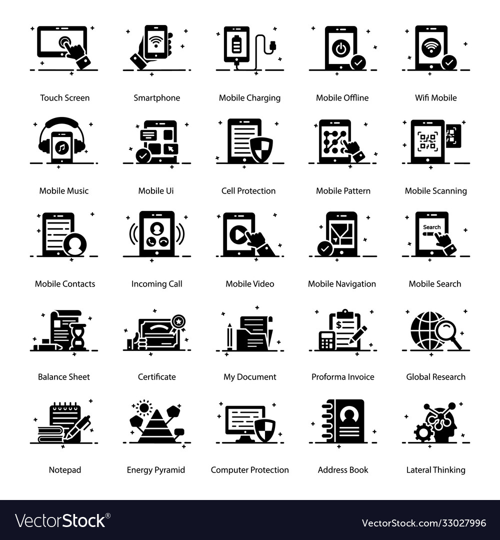 Mobile technology solid icons pack Royalty Free Vector Image