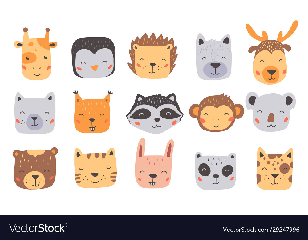 Set cute wild animals faces hand drawn style Vector Image