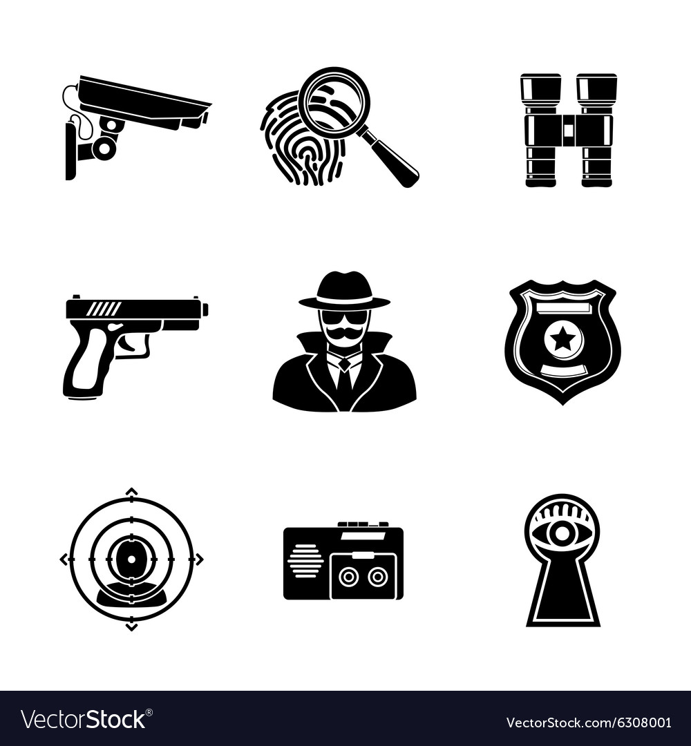 Set of spy icons - fingerprint spy gun Royalty Free Vector