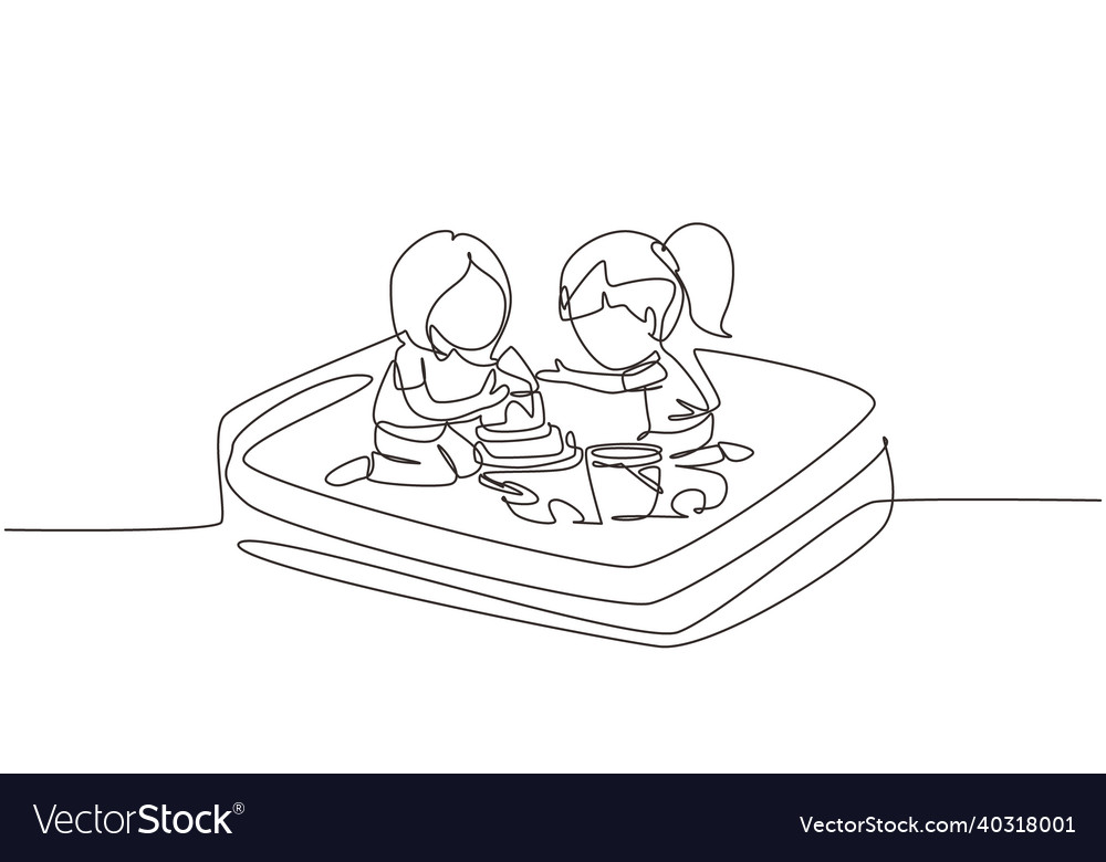 Single one line drawing two little girl playing Vector Image