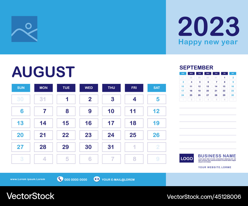 August 2023 year calendar planner 2023 and set Vector Image