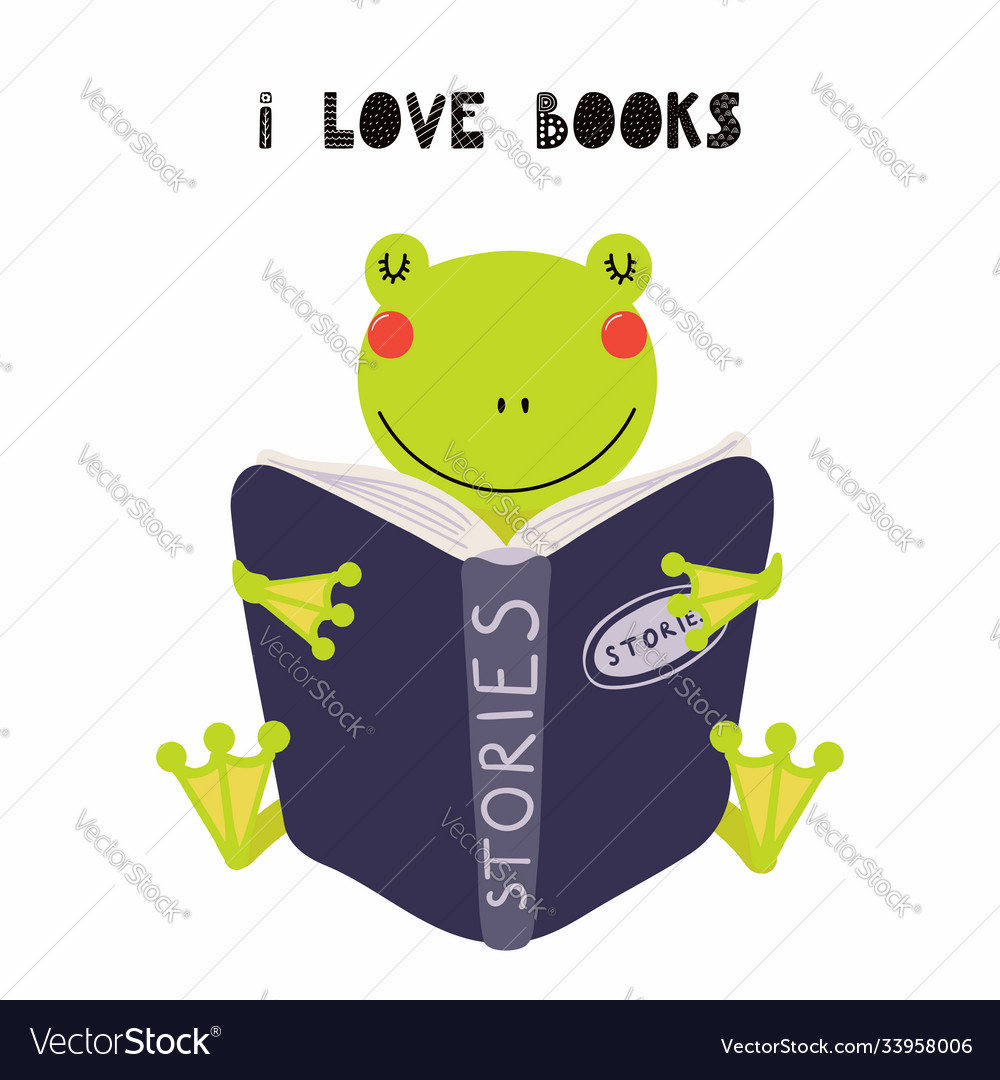 Cute frog reading a book Royalty Free Vector Image