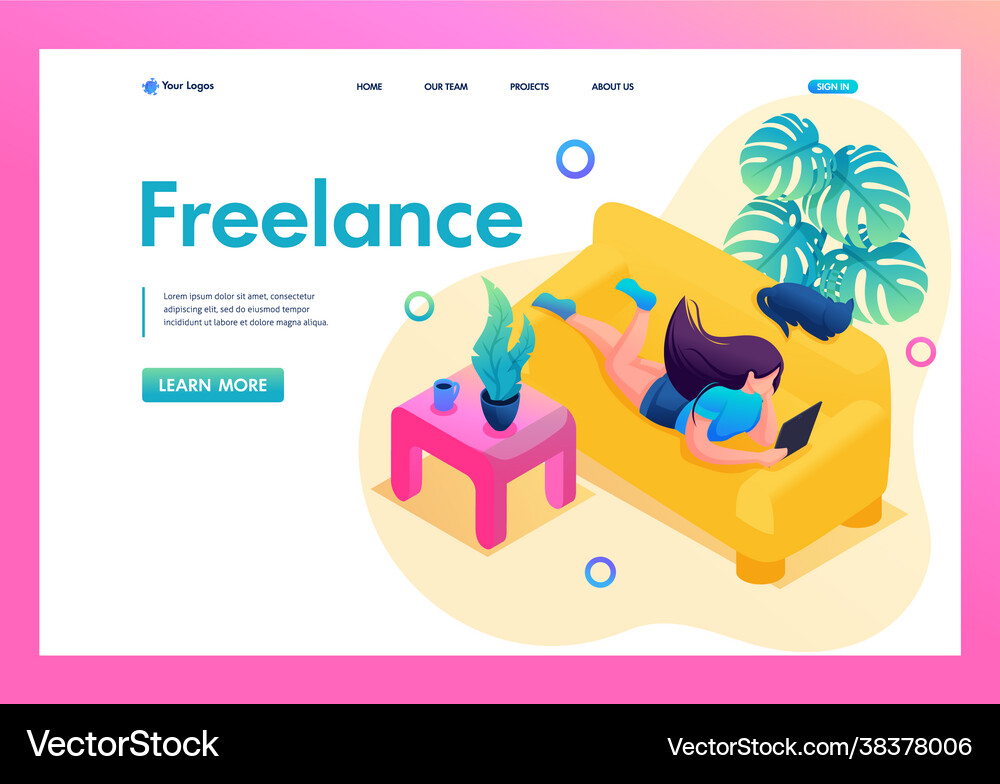 Isometric 3d remote work the girl works Royalty Free Vector