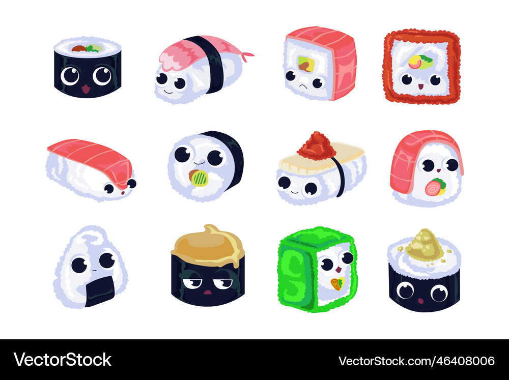 Kawaii sushi characters with faces cartoon Vector Image
