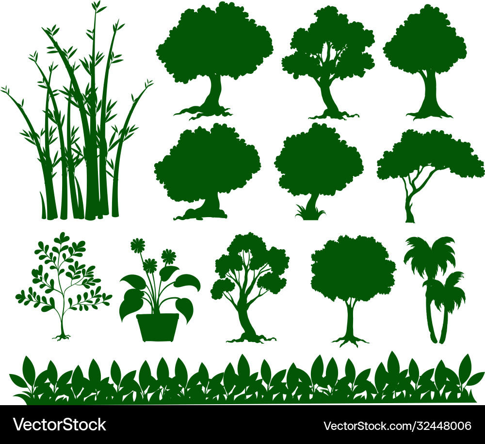 Set tree and plant in green silhouette Royalty Free Vector