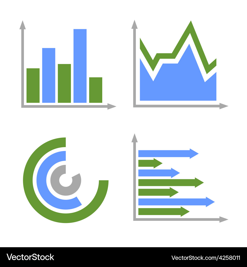 Blue and green business graph icons set Royalty Free Vector