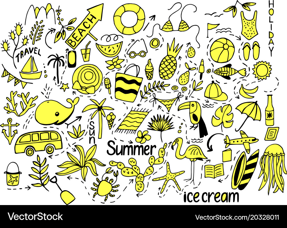 Summer set with isolated cut images in doodle Vector Image