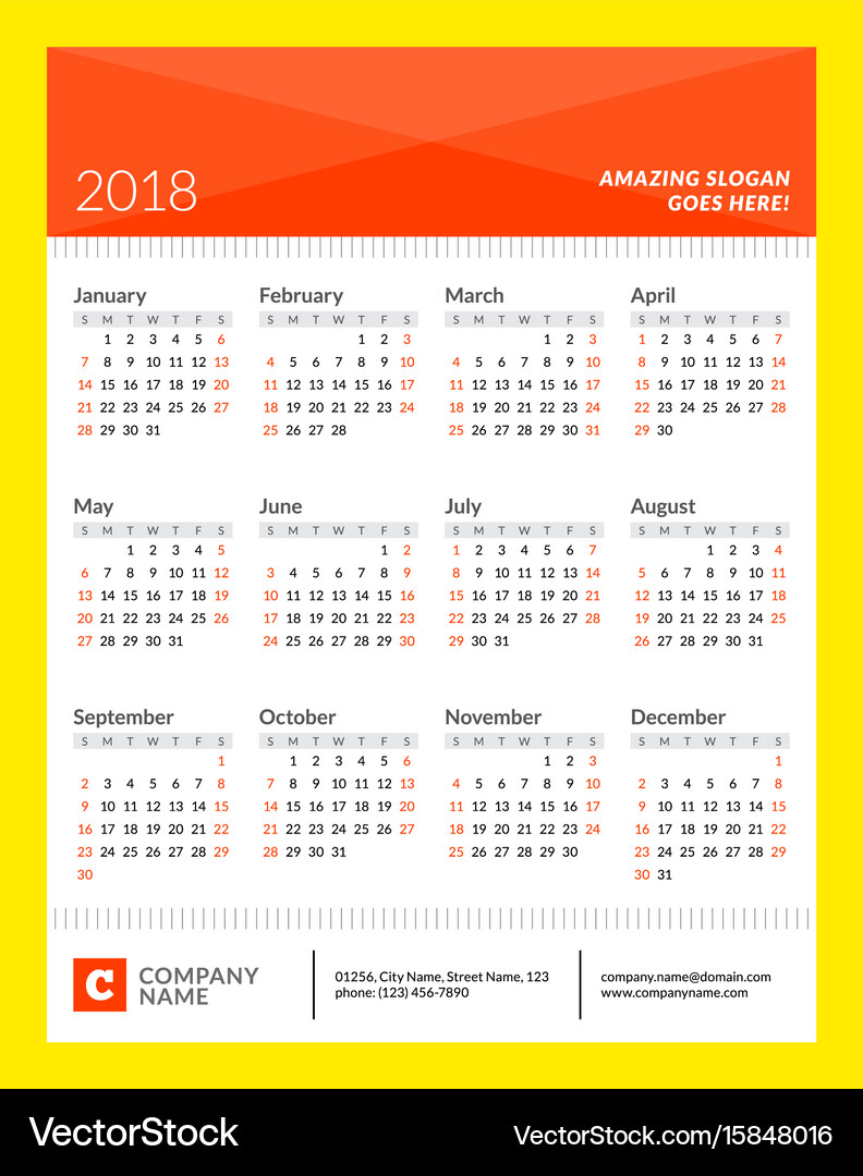Calendar poster for 2018 year week starts Vector Image