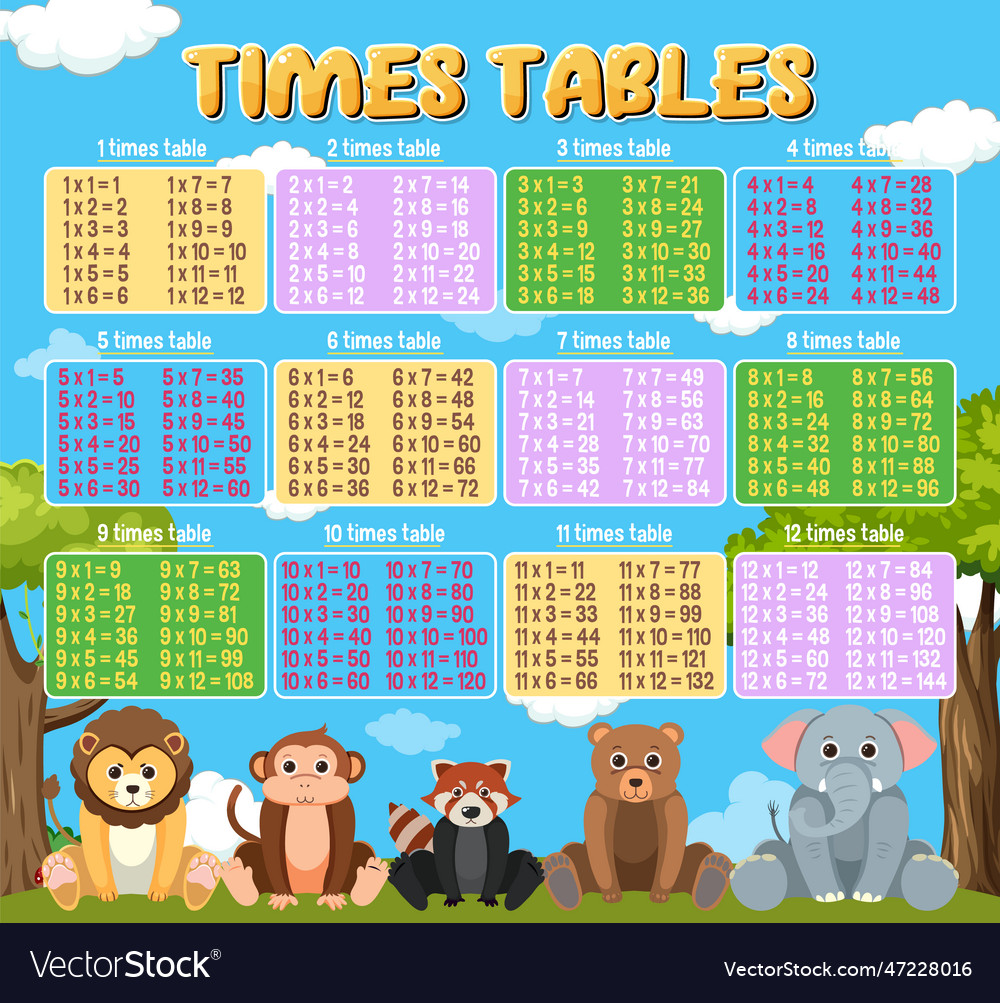 Colorful times tables for elementary education Vector Image