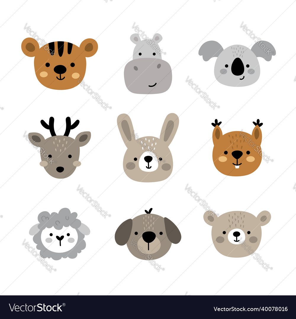 Set of cute animals head for kids Royalty Free Vector Image
