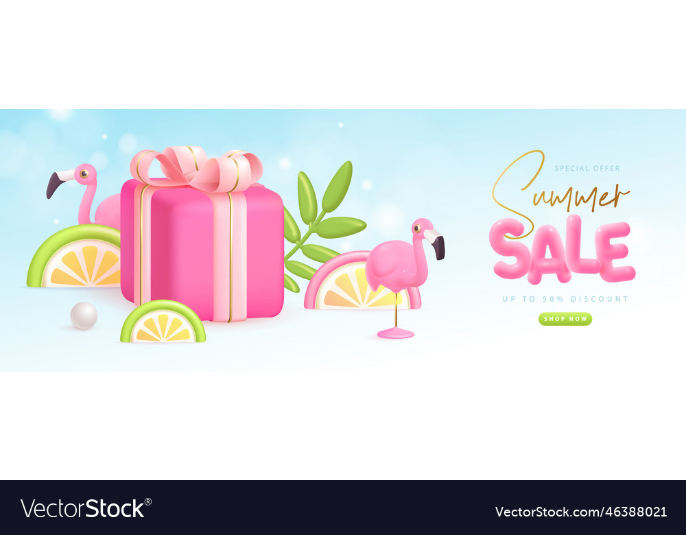 Summer big sale poster with flamingo and gift box Vector Image