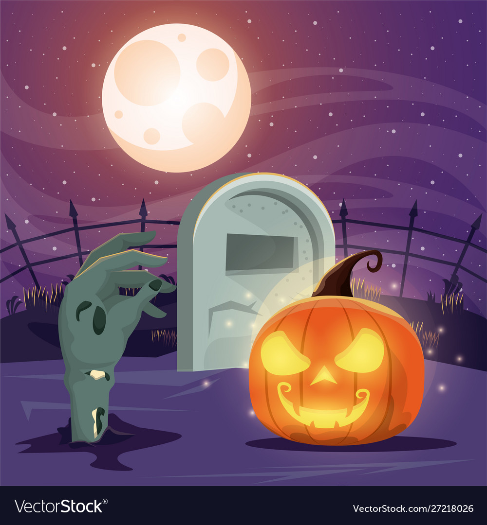 Halloween dark scene with pumpkin in cemetery Vector Image
