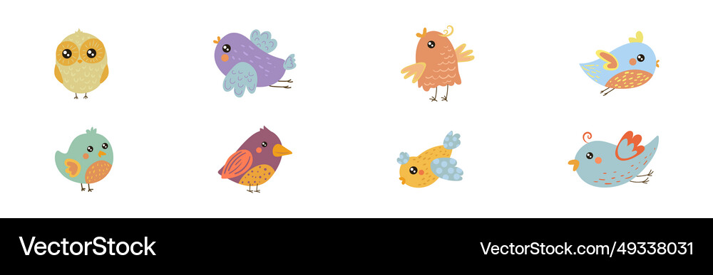 Funny little bird with colorful feather set Vector Image