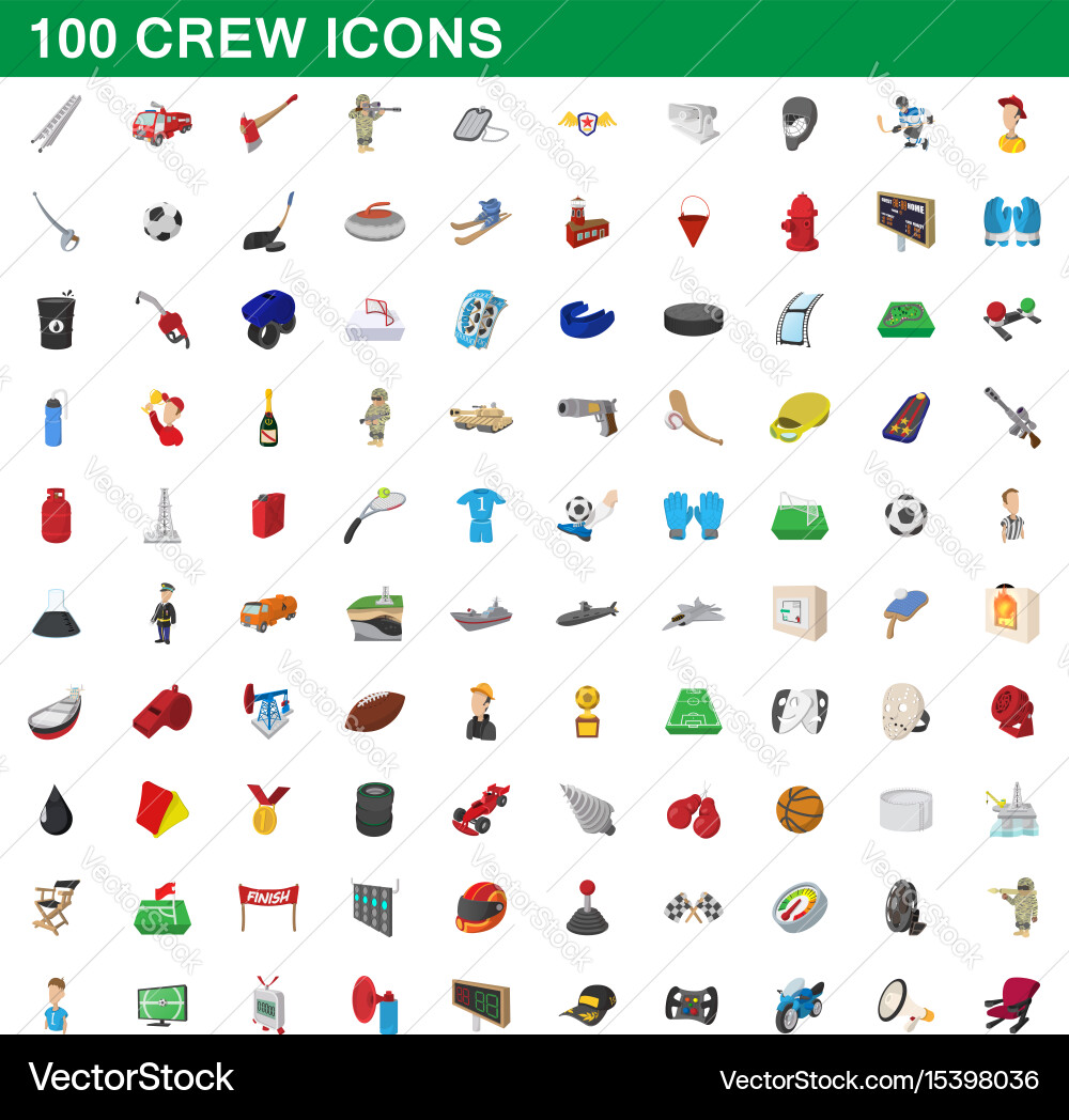 100 crew icons set cartoon style Royalty Free Vector Image