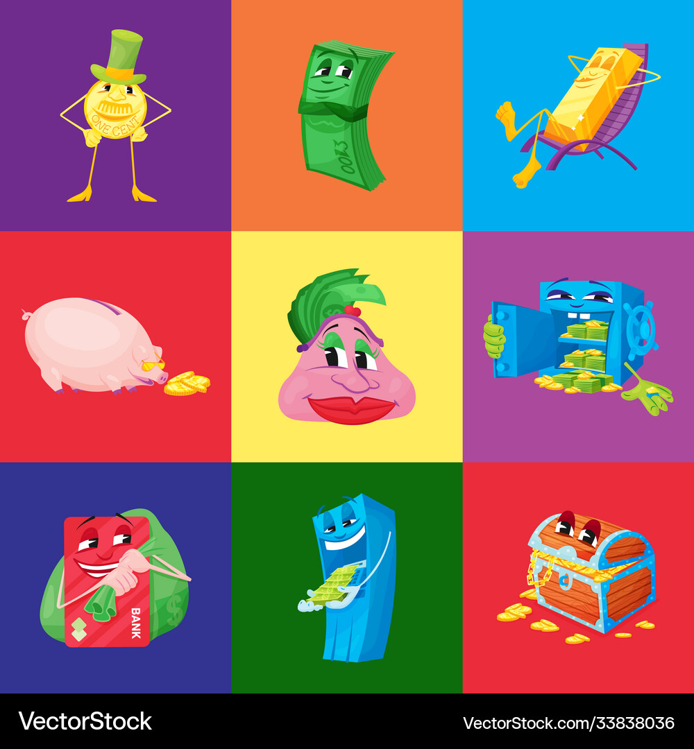 Big set funny money cartoon characters Royalty Free Vector