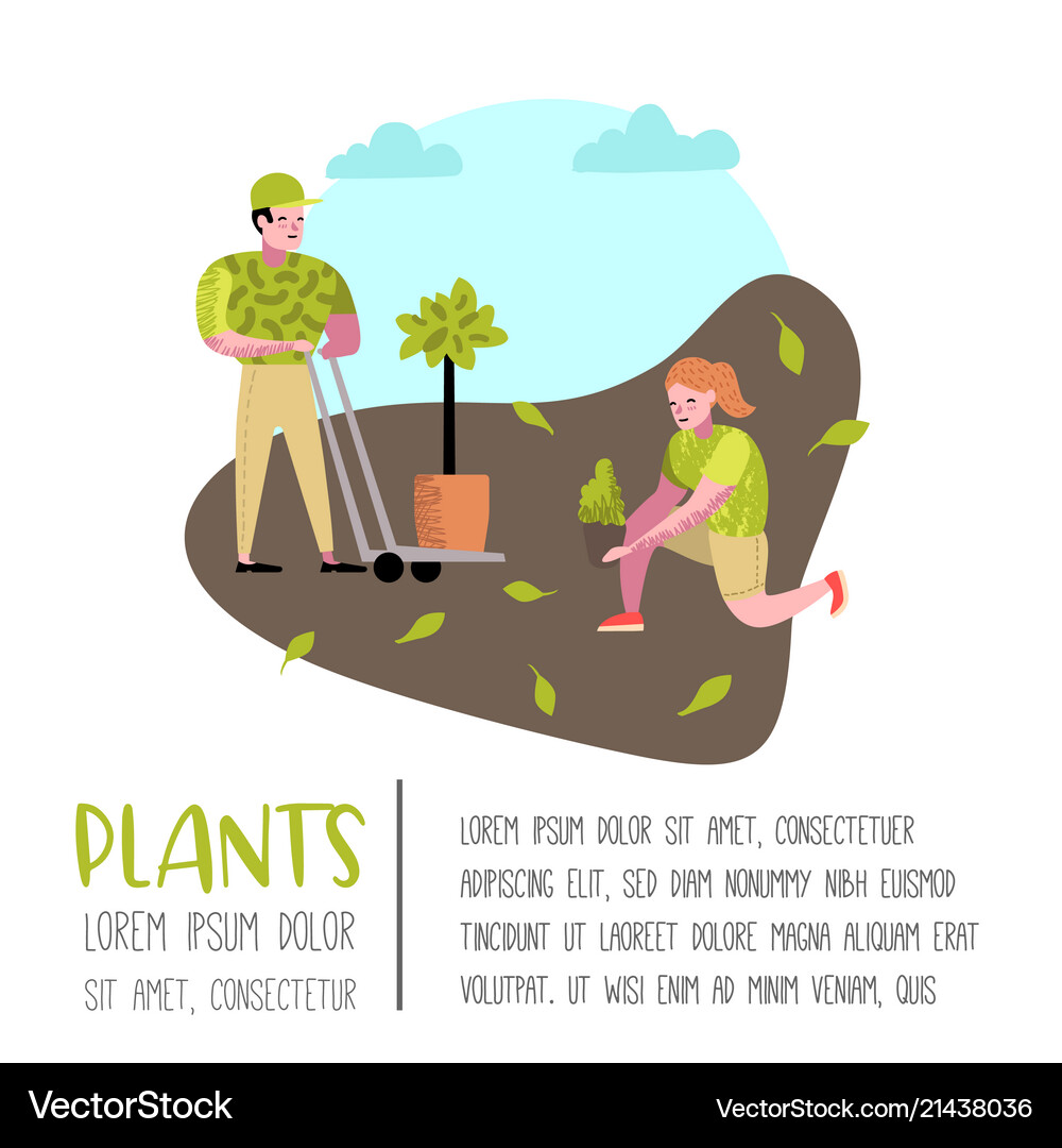 Gardening cartoons characters with plants and tree