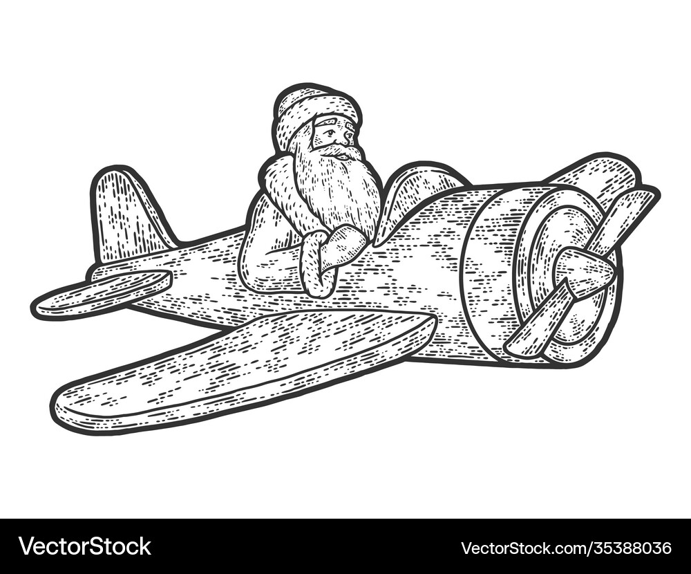Santa claus is flying on a plane engraving Vector Image