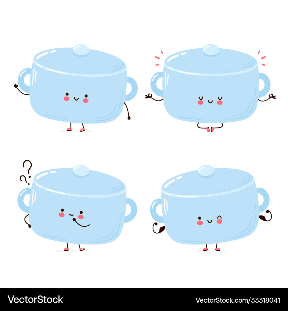 Cute happy cooking pot character set Royalty Free Vector
