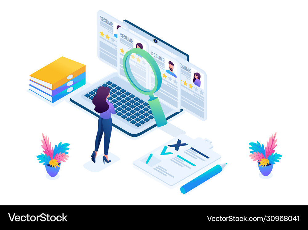 Isometric recruiting manager reviews resume Vector Image