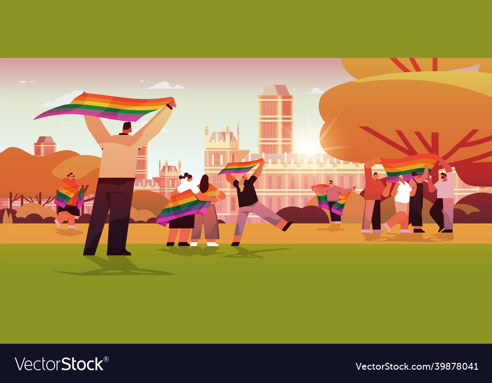 Mix race people holding lgbt rainbow flags gay Vector Image