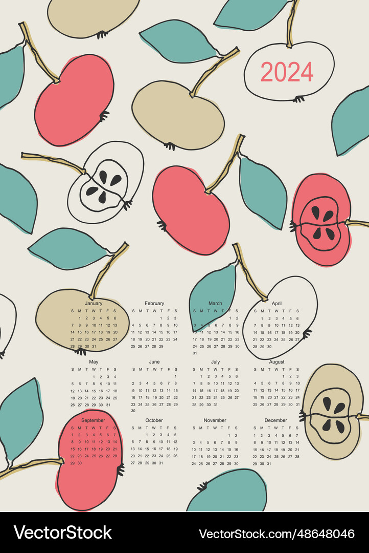 Calendar 2024 with hand drawn apples on bright Vector Image