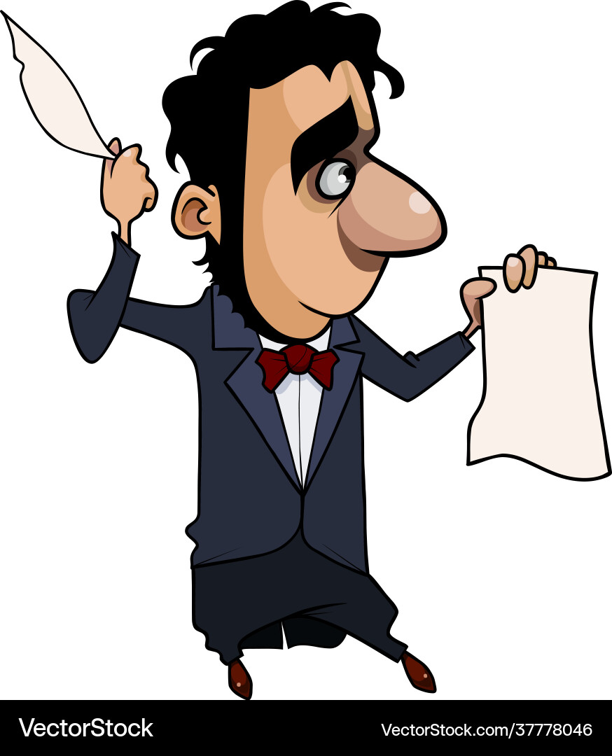 Cartoon writer poet in tailcoat stands Royalty Free Vector