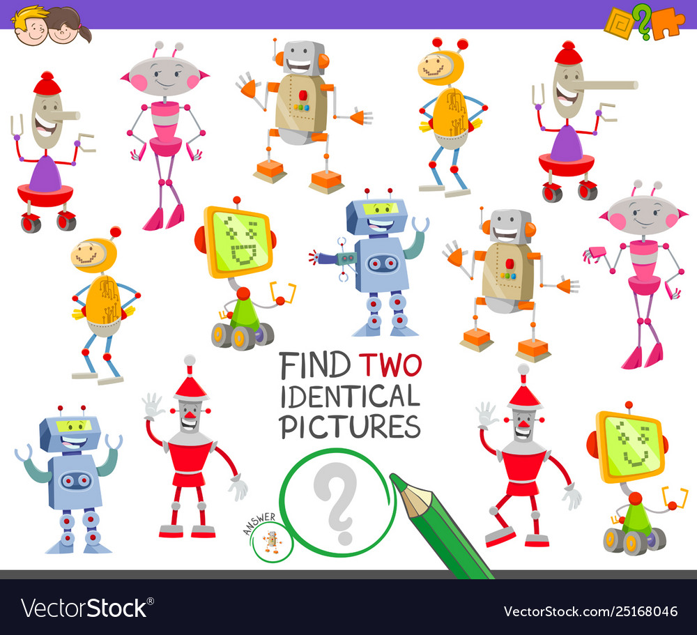 Find two identical robots task for children Vector Image