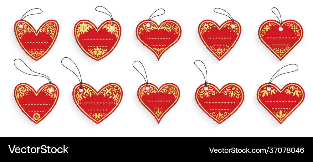 Heart shape floral gold red label frame tag set Vector Image