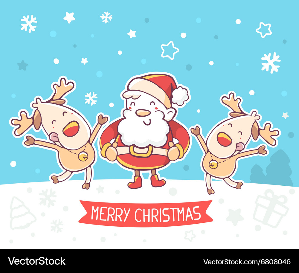 Santa claus and dancing reindeers with re Vector Image