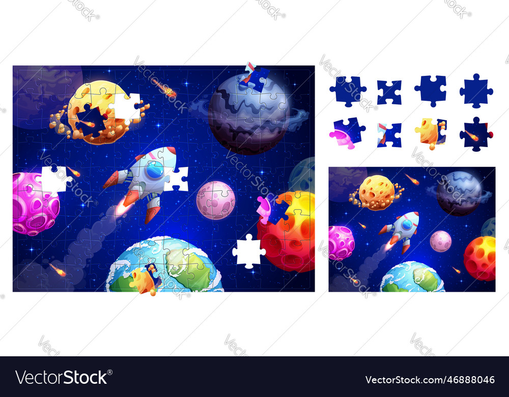 Space landscape and rocket jigsaw puzzle pieces Vector Image