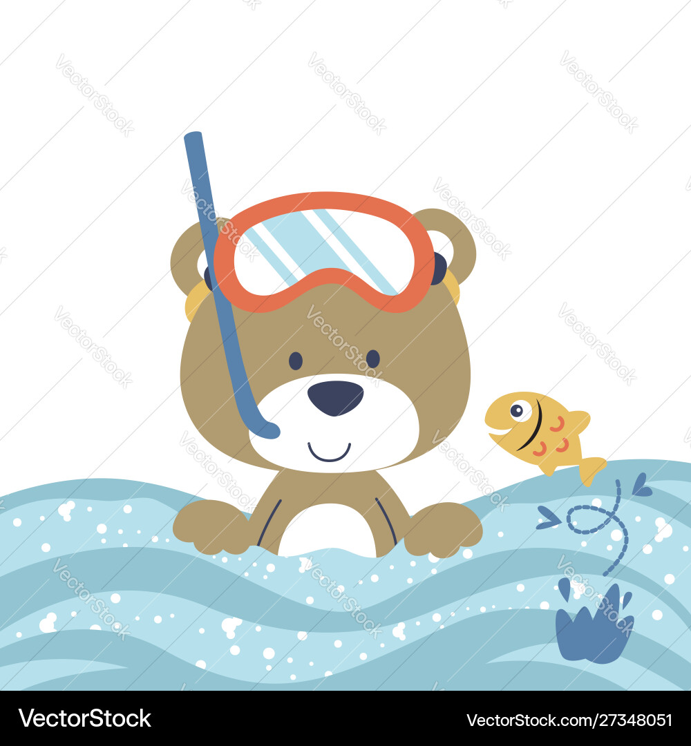 Bear diver with a little fish cartoon Royalty Free Vector