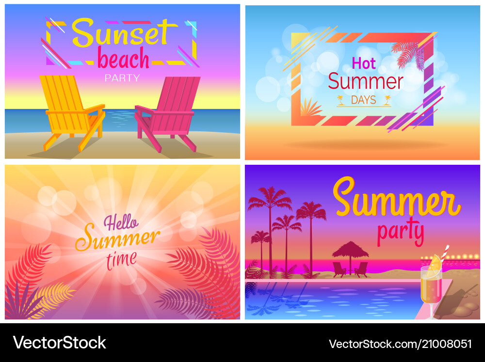 Sunset beach party hello summer time posters set Vector Image