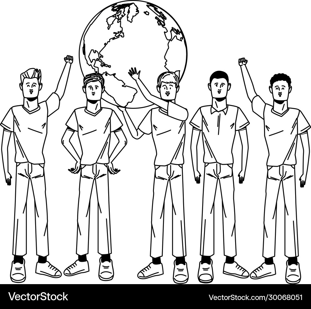 Young people lifting world planet characters Vector Image