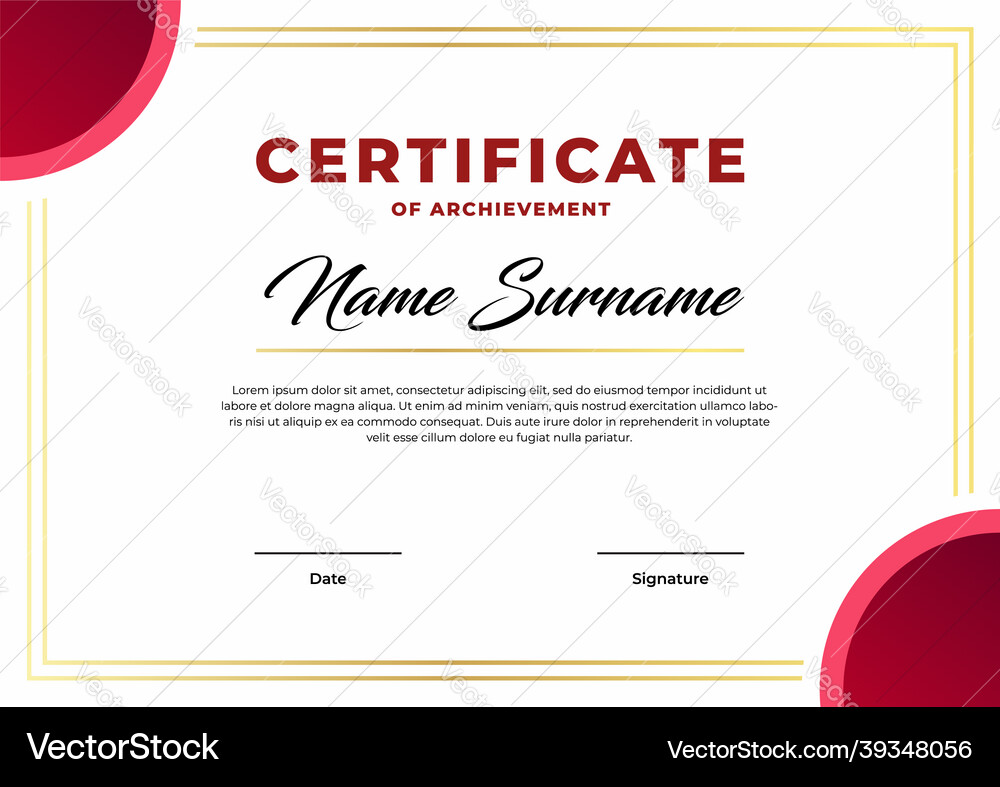 Elegant red and gold certificate template design Vector Image