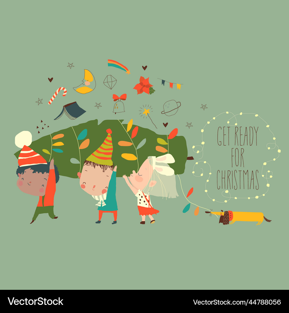 Happy children carrying christmas pine tree Vector Image