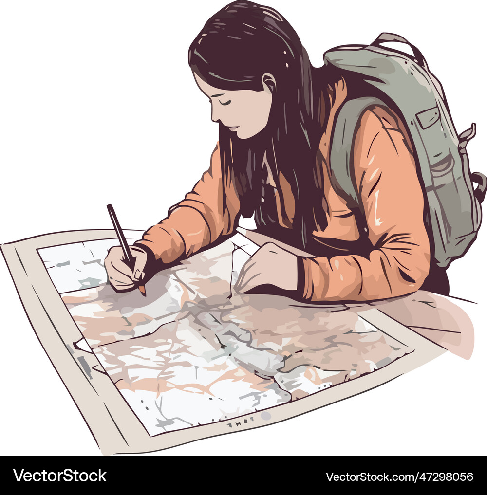 One person hiking looking at map planning Vector Image