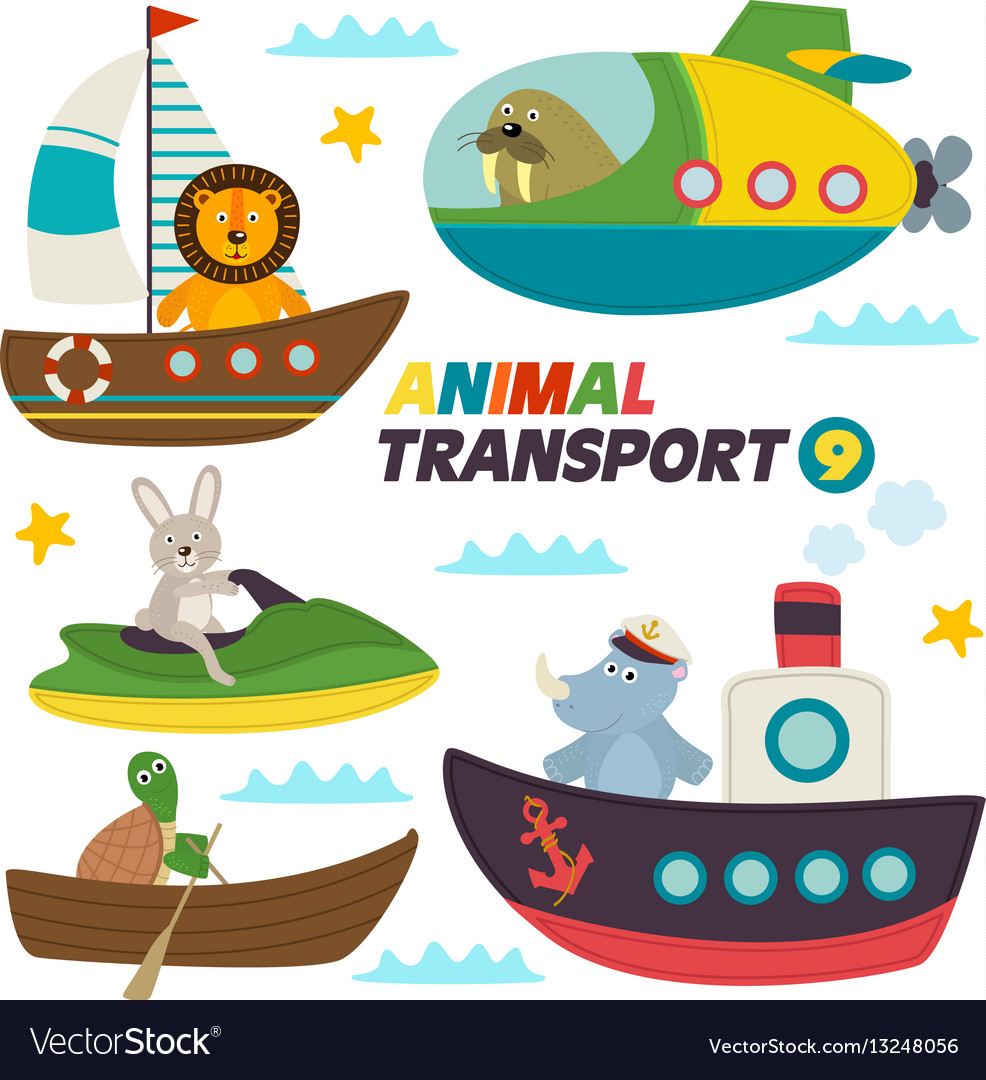 Set isolated sea transports with animals Vector Image