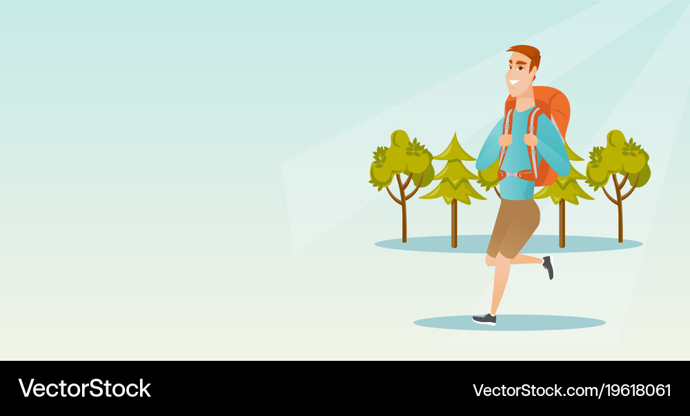 Young caucasian white man with a backpack hiking Vector Image