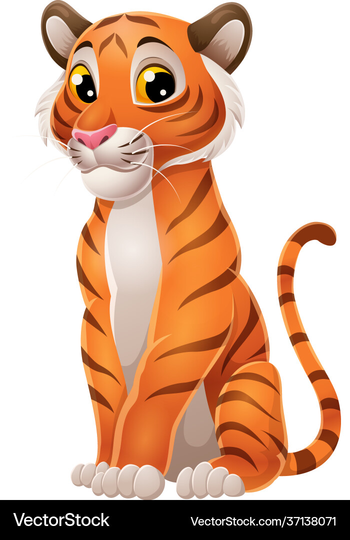 Cartoon funny tiger sitting isolated on white back