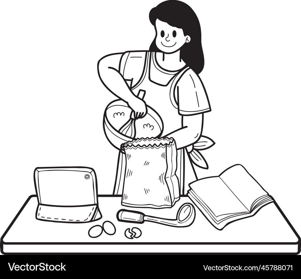 Hand drawn woman learning to cook from Royalty Free Vector