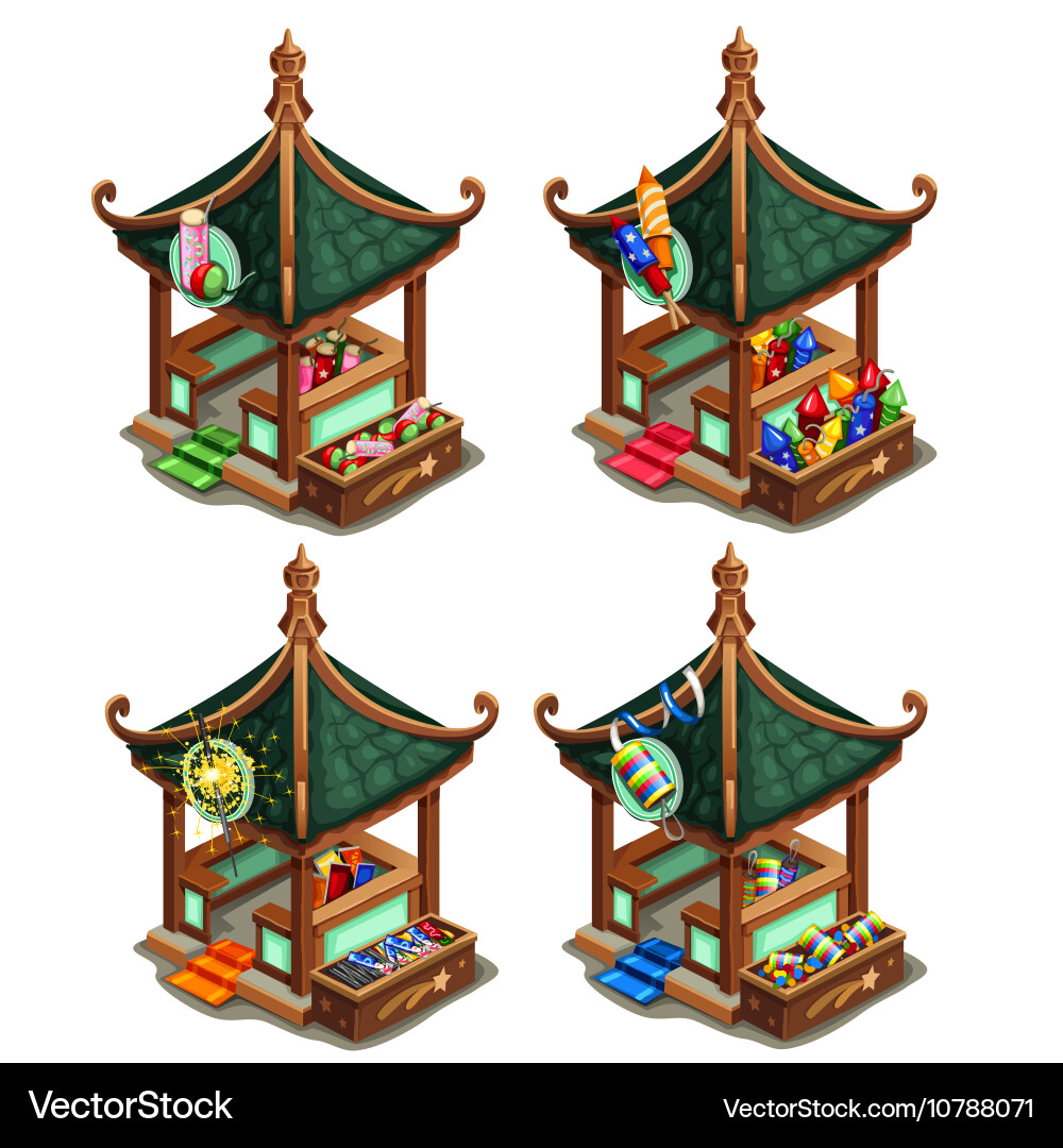 Pavilions in oriental style with firecrackers Vector Image