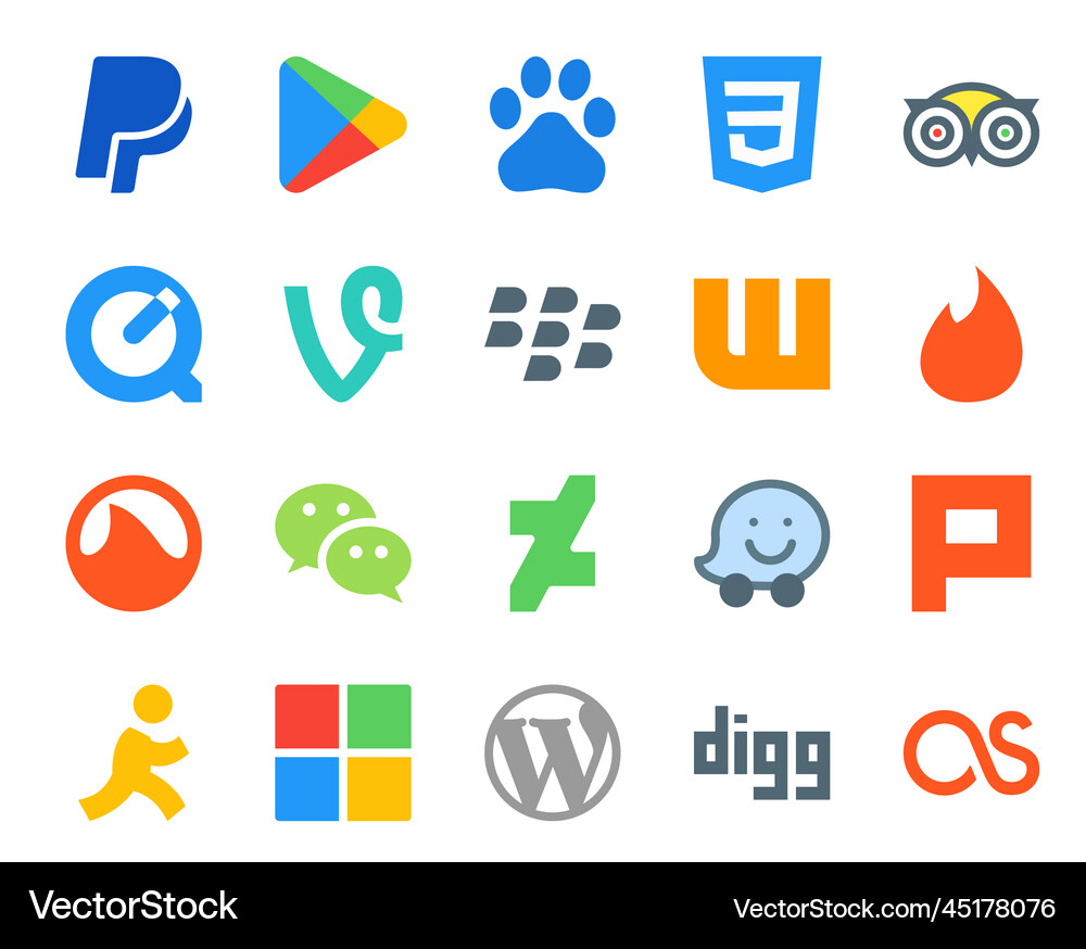 20 social media icon pack including plurk Vector Image