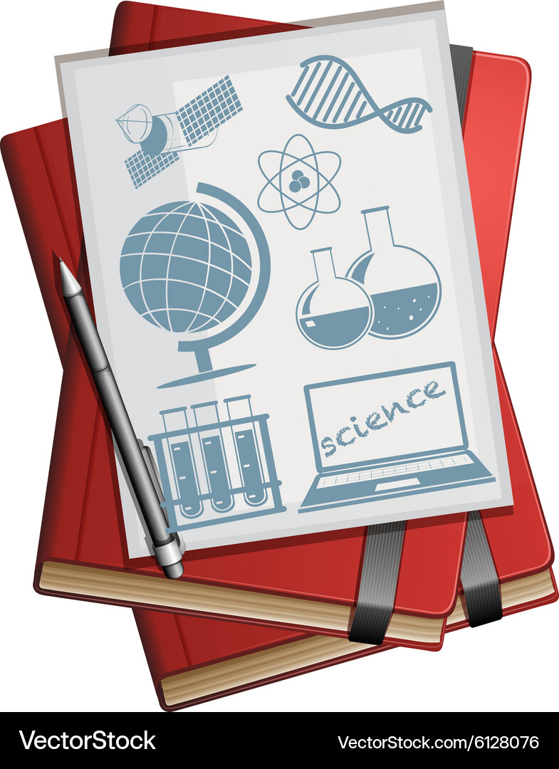 Books and paper with science symbols Royalty Free Vector