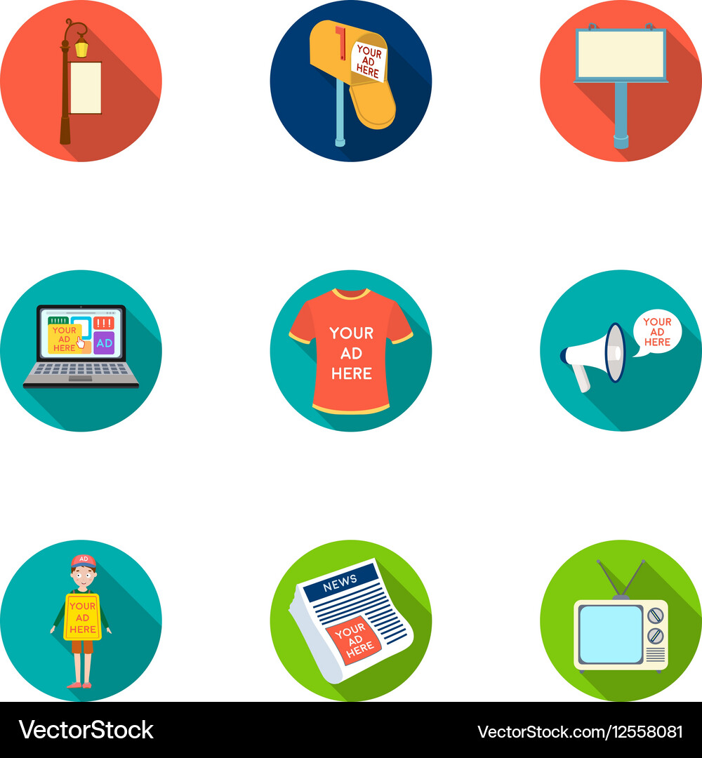 Advertising set icons in flat style big Royalty Free Vector