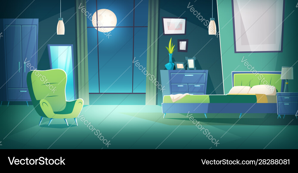 Bedroom interior at night with moonlight cartoon Vector Image