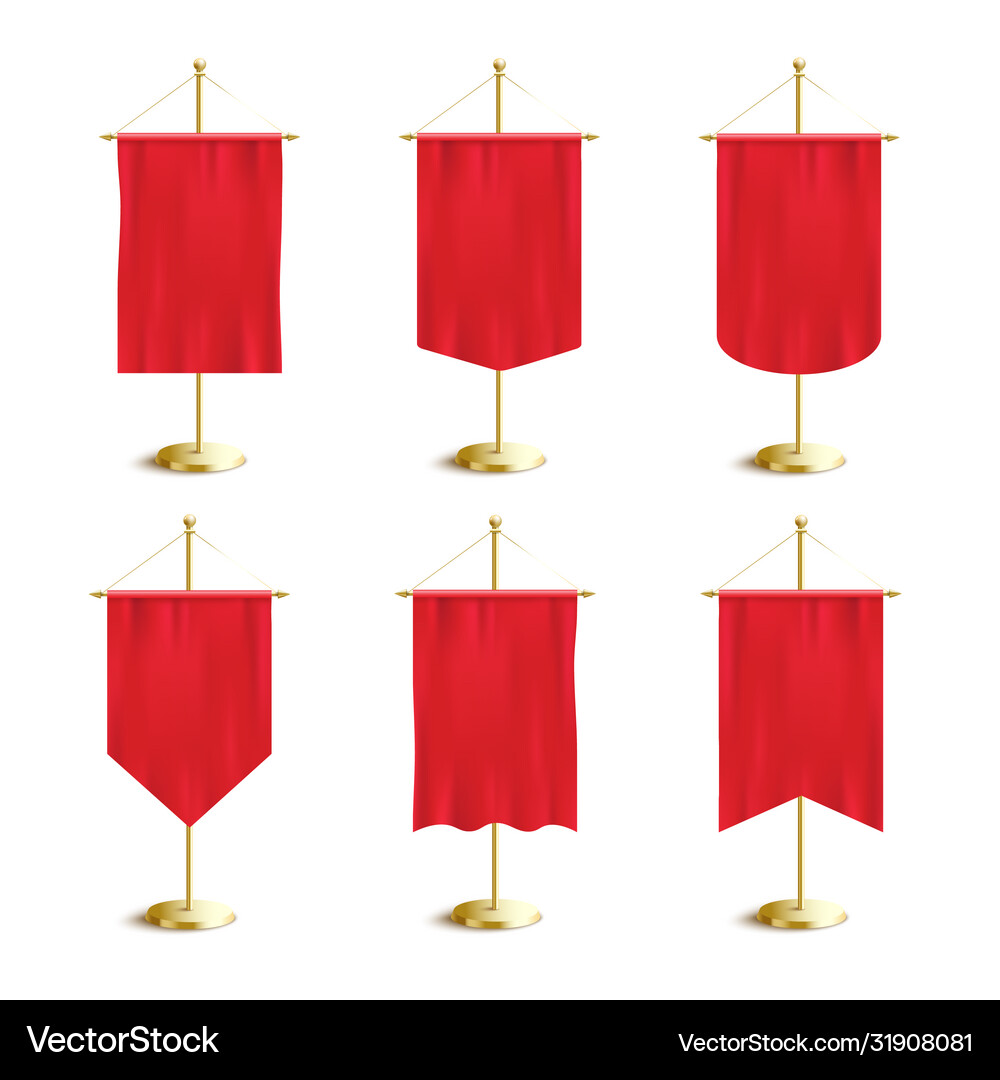 Red pennants on pedestals set realistic Royalty Free Vector