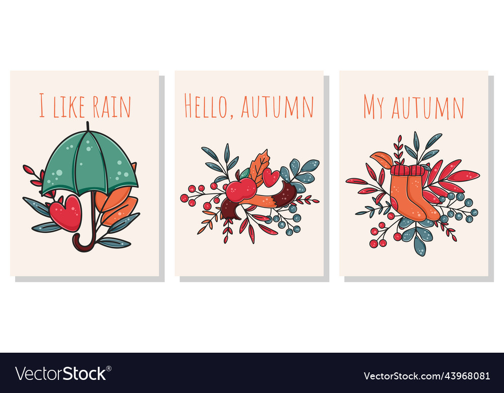 Set cards with autumn inscriptions and elements Vector Image