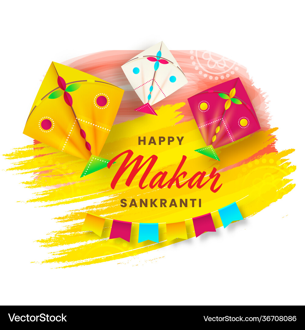 Happy makar sankranti text with colorful kites Vector Image