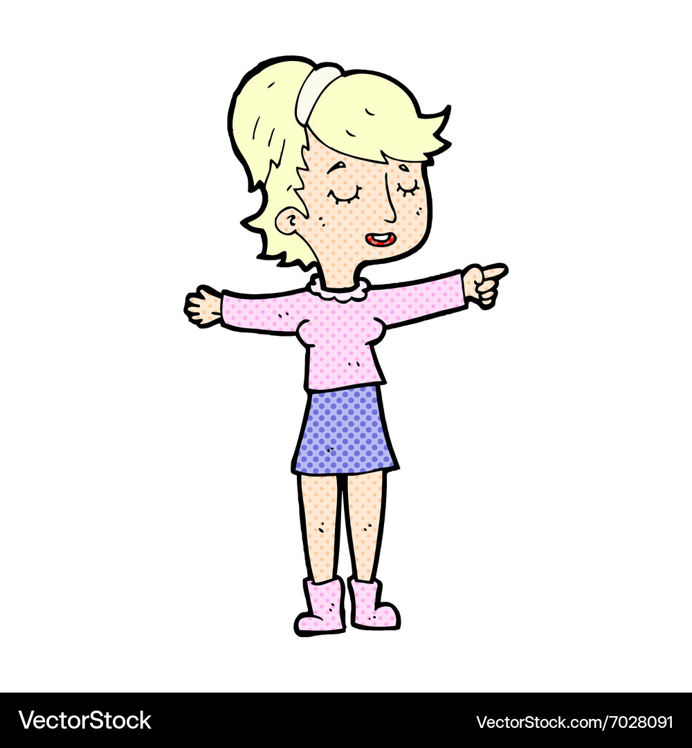 Comic cartoon happy woman pointing Royalty Free Vector Image